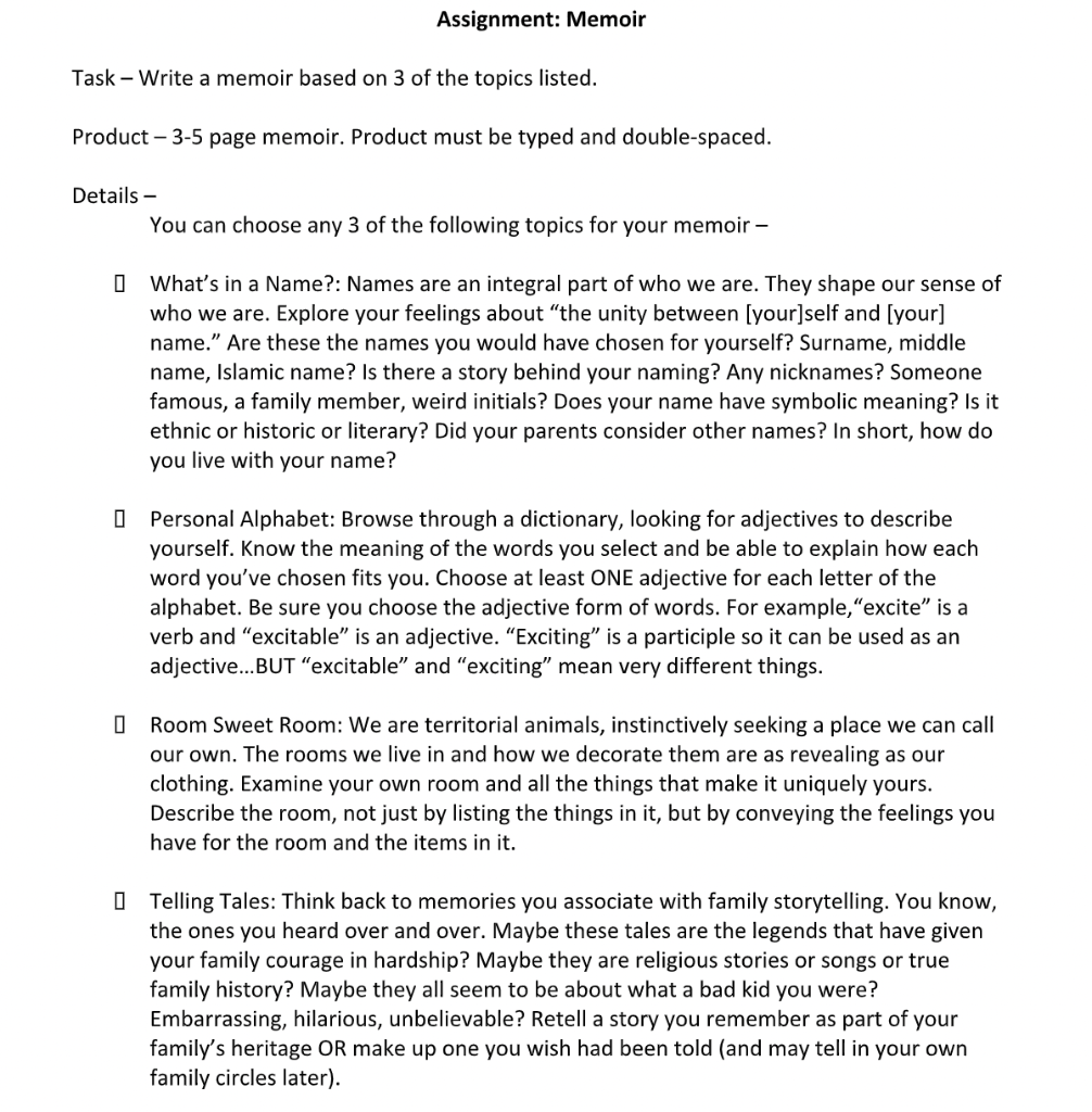 Assignment: Memoir Task - Write a memoir based on 3 | Chegg.com