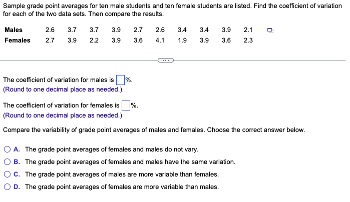 Solved Sample grade point averages for ten male students and | Chegg.com