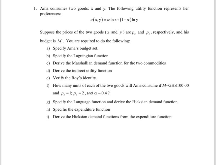 Solved Ama consumes two goods: x ﻿and y. ﻿The following | Chegg.com