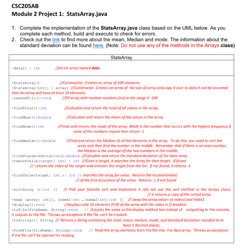 CSC205AB Module 2 Project 1: StatsArray.java 1. | Chegg.com