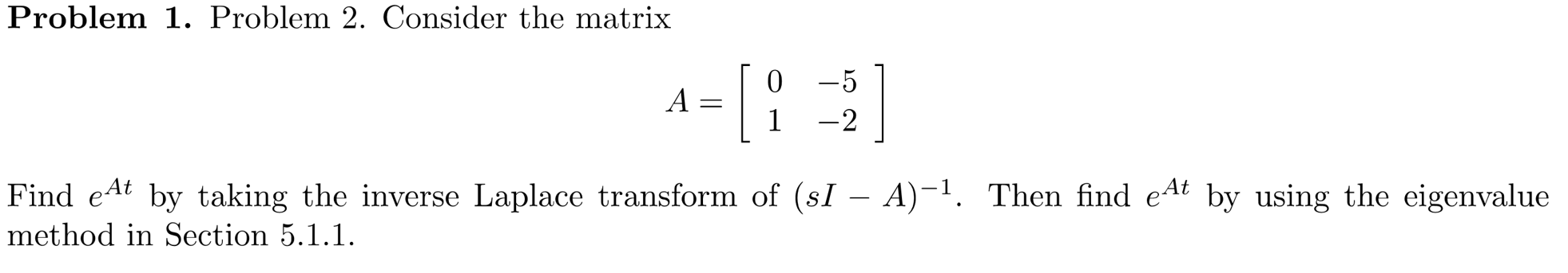 Solved Problem 1. Problem 2. Consider the matrix A=[01−5−2] | Chegg.com