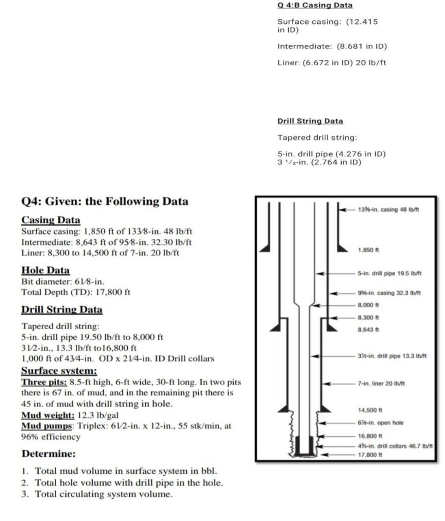 Solved Q 4:B Casing Data Surface casing: (12.415 in ID) | Chegg.com