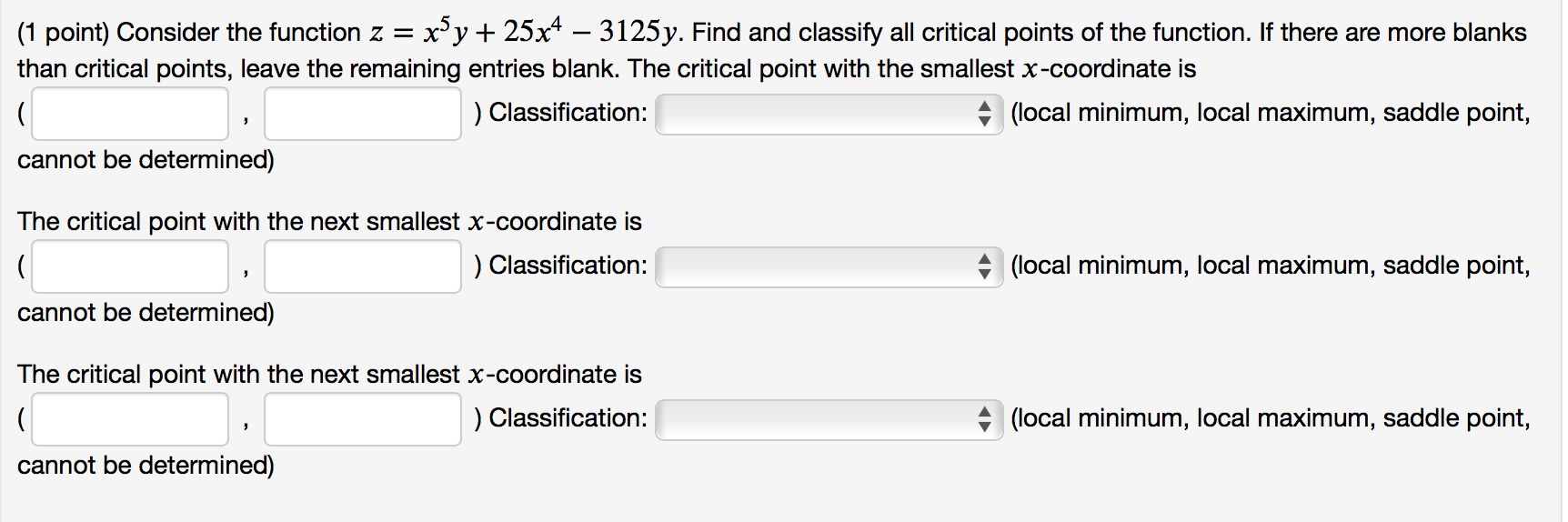 Solved (1 point) Consider the function z = x5y + 25x4 – | Chegg.com