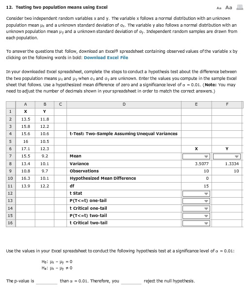 Solved 12. Testing two population means using Excel Consider | Chegg.com