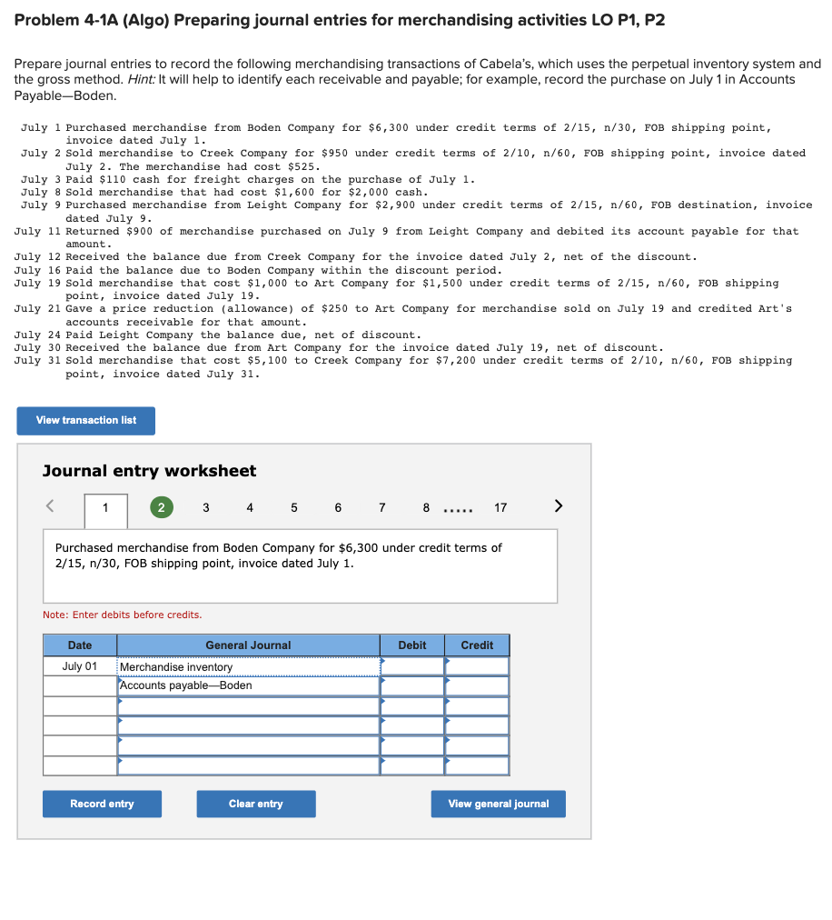 Solved Problem 4-1A (Algo) Preparing journal entries for | Chegg.com
