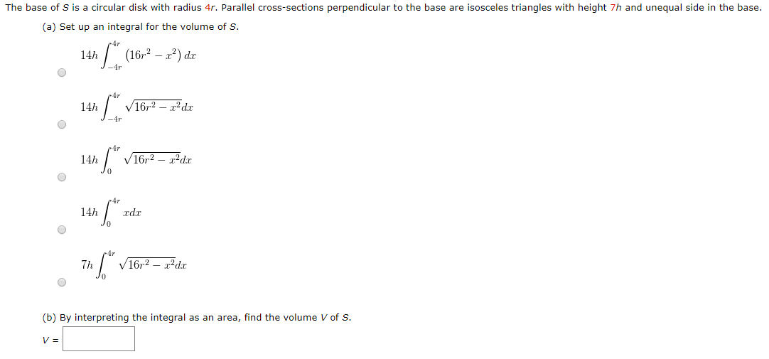 Solved The base of S is a circular disk with radius 4r. | Chegg.com