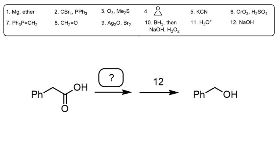 Solved 1. Mg, ether 2. CBr4, PPh3 3. O3, Mezs 5, KCN 6. | Chegg.com