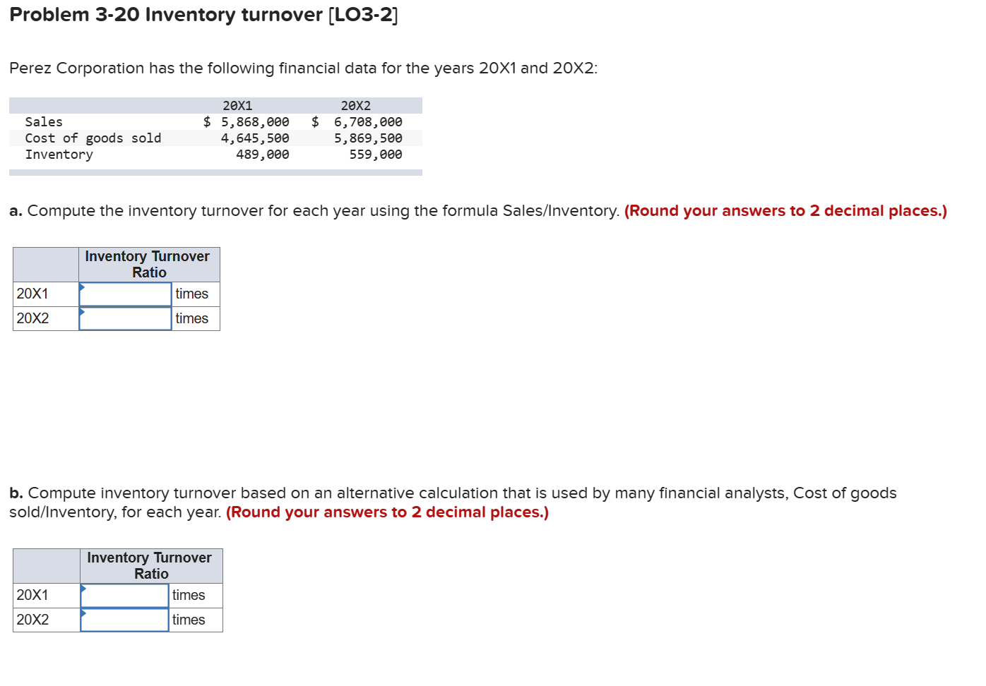 Solved Problem 3-20 Inventory turnover [LO3-2] Perez | Chegg.com