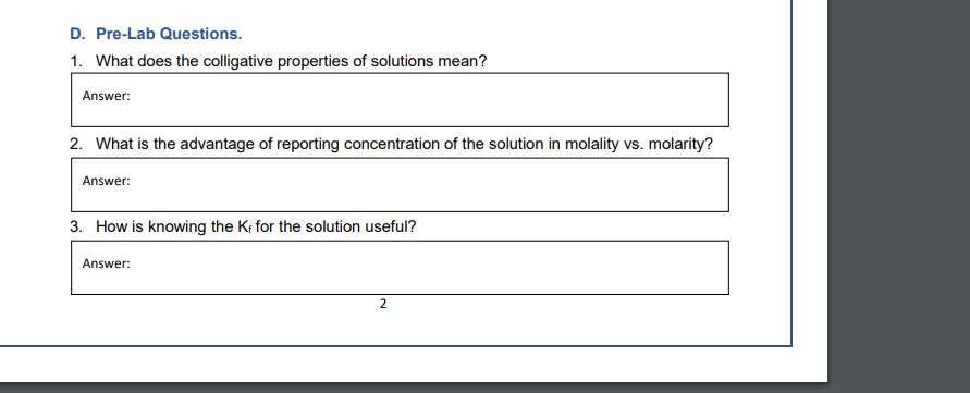 Solved D. Pre-Lab Questions. 1. What does the colligative | Chegg.com