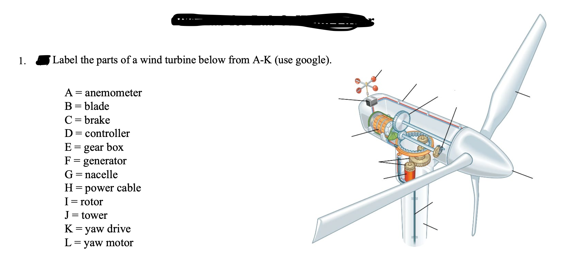 Solved 1. Label the parts of a wind turbine below from A-K | Chegg.com