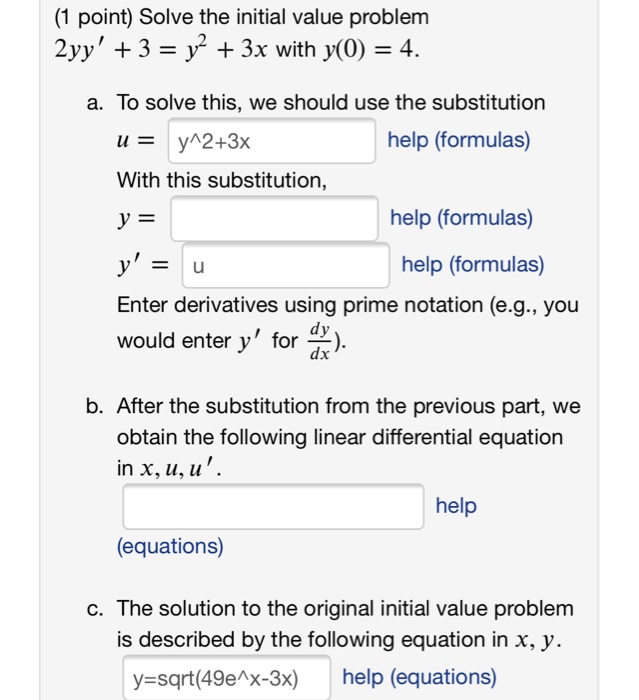 Solved (1 point) Solve the initial value problem 2yy'3y 3x | Chegg.com