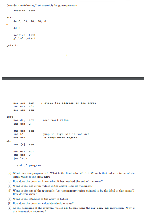 Solved Consider the following Intel assembly language | Chegg.com