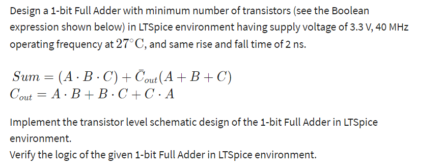 Design a 1-bit Full Adder with minimum number of | Chegg.com