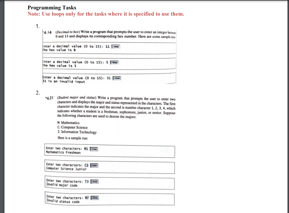 Solved Programming Tasks Note: Use loops only for the tasks | Chegg.com