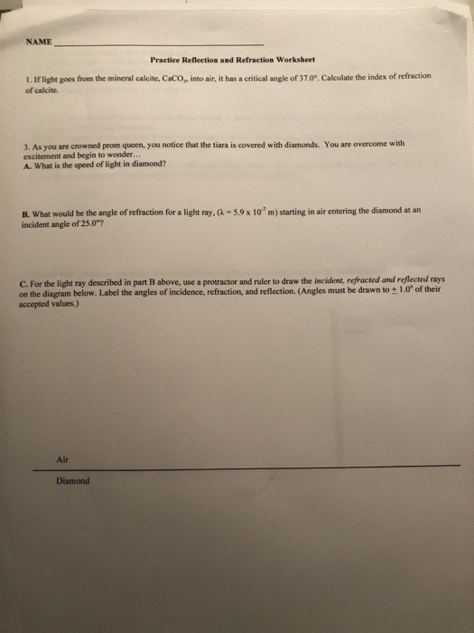Solved NAME Practice Reflection and Refraction Worksheet 1. | Chegg.com