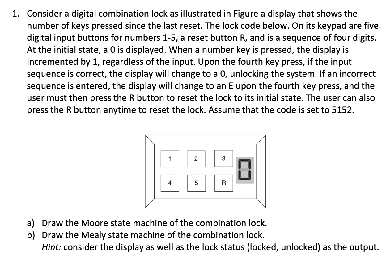 Solved 1. Consider a digital combination lock as illustrated | Chegg.com