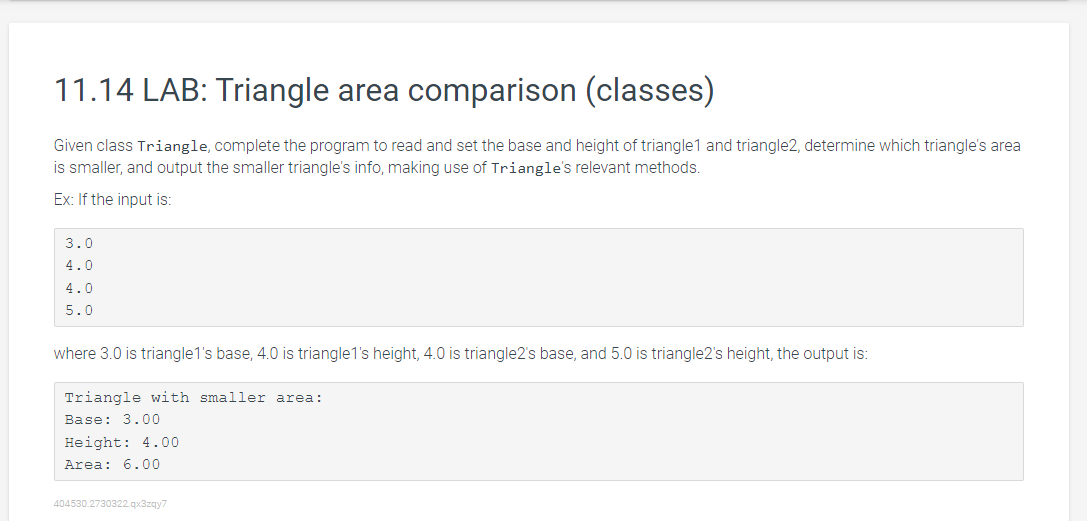 Solved 11.14 LAB: Triangle area comparison (classes) Given | Chegg.com