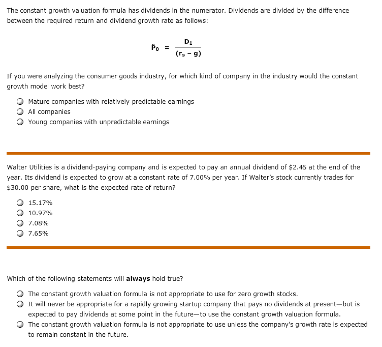 Solved The constant growth valuation formula has dividends | Chegg.com