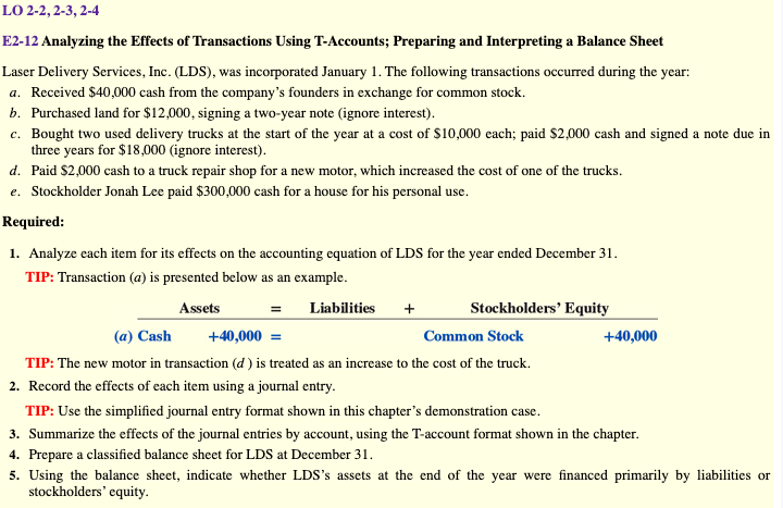 Solved E2-12 Analyzing the Effects of Transactions Using | Chegg.com