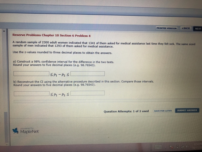 Solved PRINTER VERSION BACK NEXT Reserve Problems Chapter 10 | Chegg.com