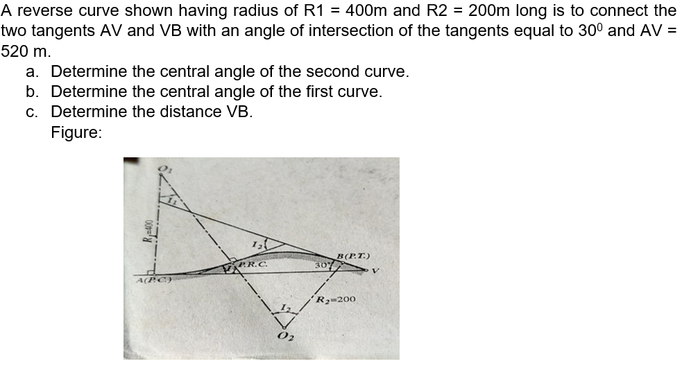 Solved A reverse curve shown having radius of R1 = 400m and | Chegg.com