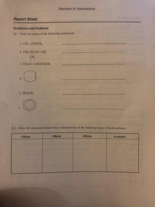 Solved Reactions of Hydrocarbons Report Sheet Questions and | Chegg.com