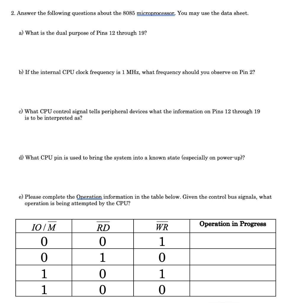 Solved 2. Answer the following questions about the 8085 | Chegg.com