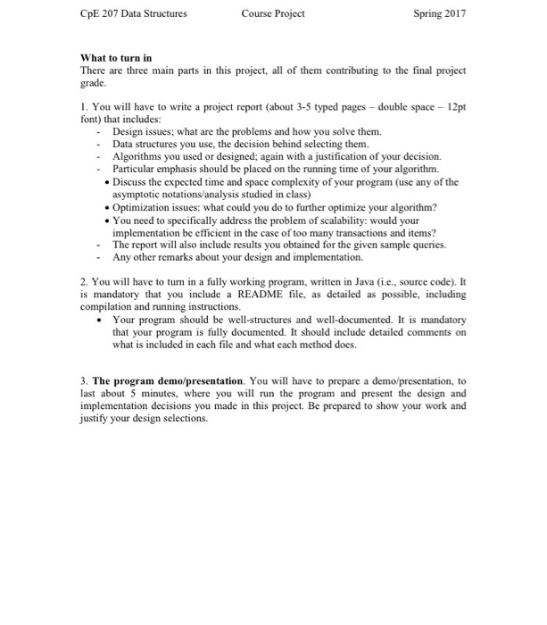 Spring 2017 CpE 207 Data Structures Course Project | Chegg.com