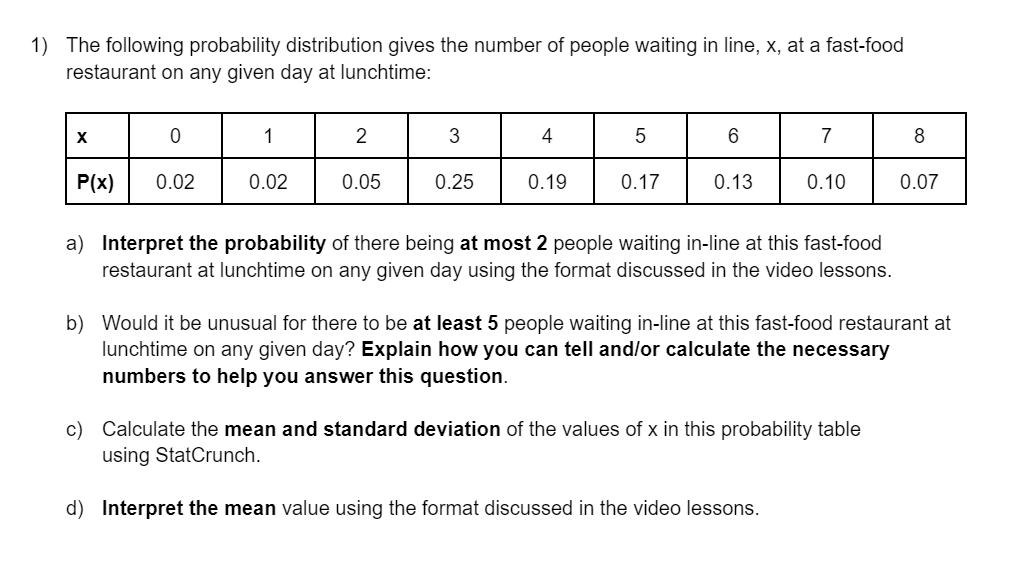 Solved 1) The following probability distribution gives the | Chegg.com