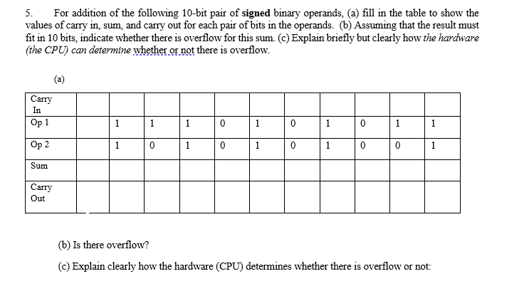 Solved 5. For addition of the following 10-bit pair of | Chegg.com