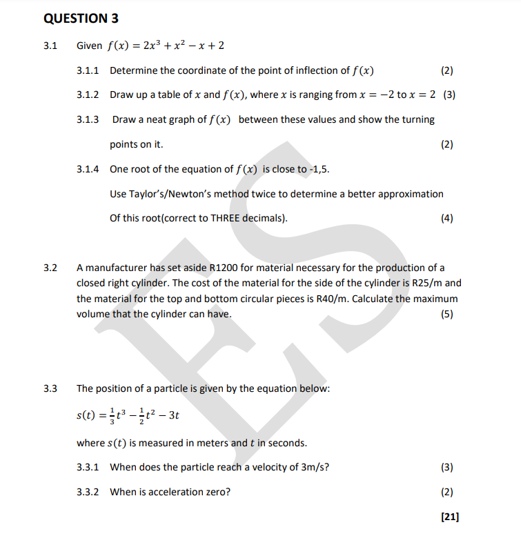 Solved QUESTION 3 3.1 Given f(x)=2x3+x2−x+2 3.1.1 Determine | Chegg.com