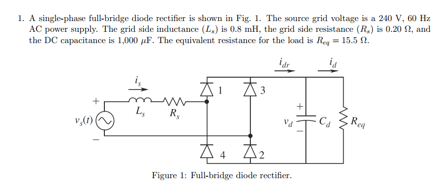 Solved 1. A single-phase full-bridge diode rectifier is | Chegg.com