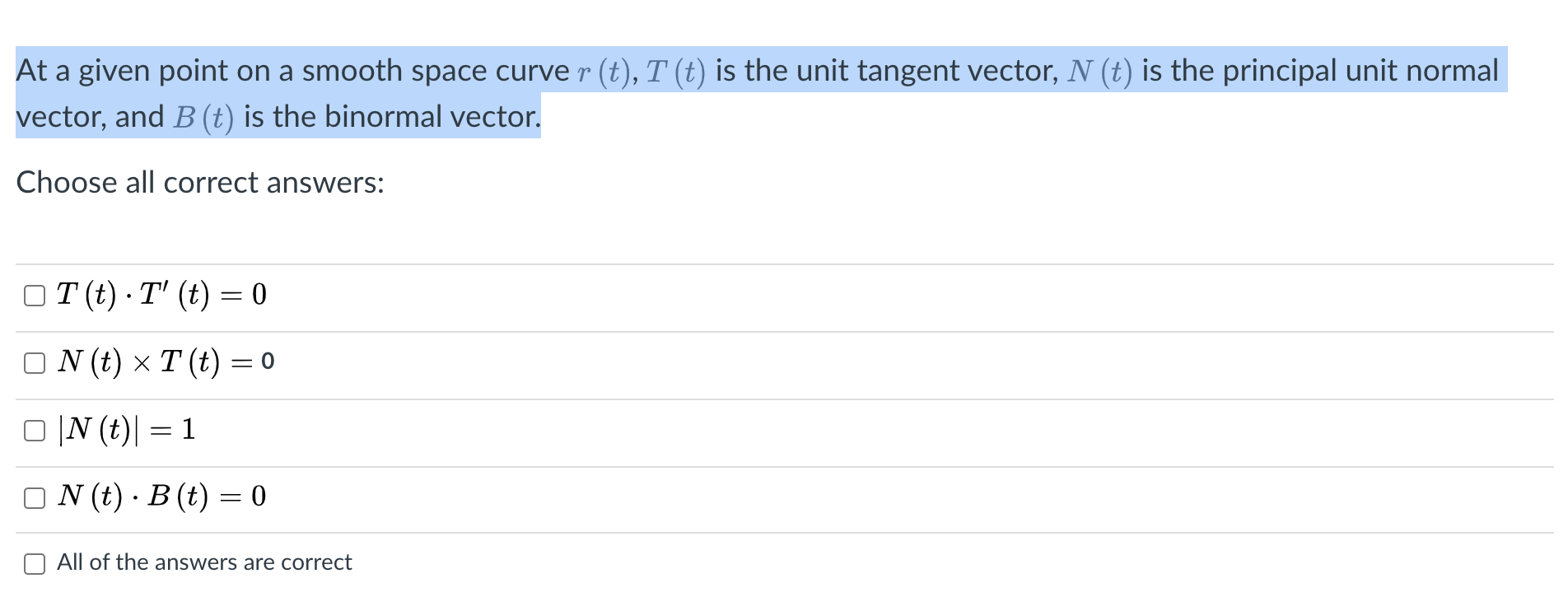 Solved At a given point on a smooth space curve r ( t ), T ( | Chegg.com