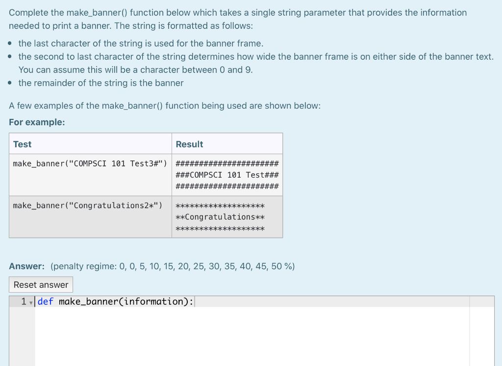 Solved Complete the make_banner() function below which takes | Chegg.com
