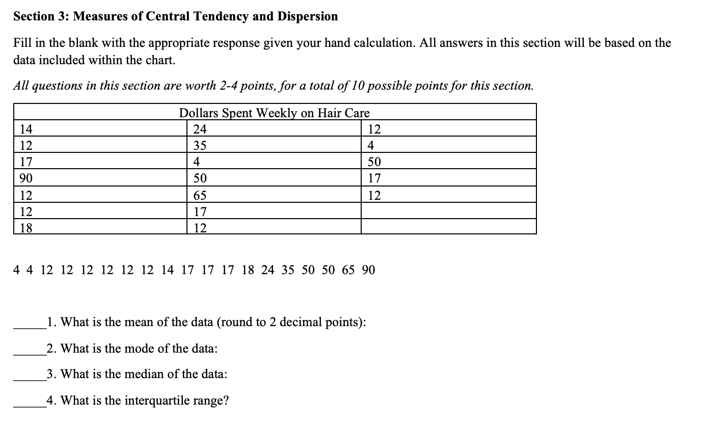 Solved Section 3: Measures of Central Tendency and | Chegg.com