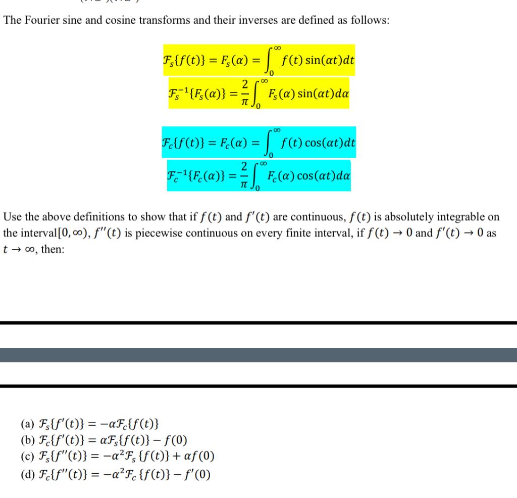 Solved The Fourier sine and cosine transforms and their | Chegg.com