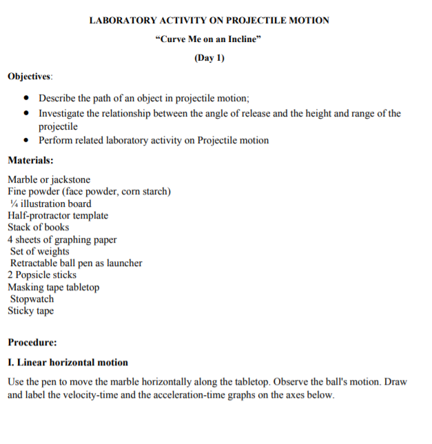 LABORATORY ACTIVITY ON PROJECTILE MOTION "Curve Me on | Chegg.com