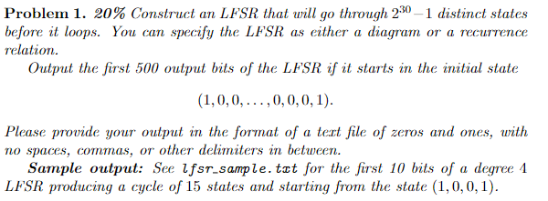 Solved Problem 1. 20\% Construct an LFSR that will go | Chegg.com