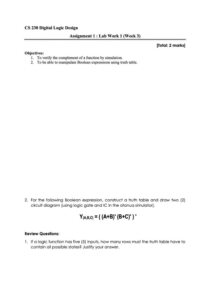 Solved CS 230 Digital Logic Design Assignment 1 : Lab Work 1 | Chegg.com