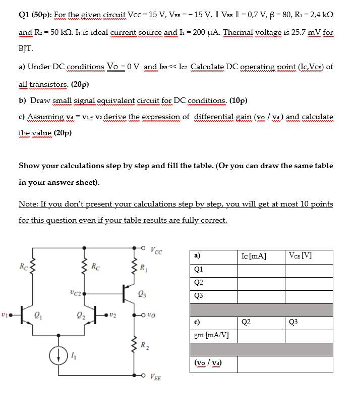 Solved Q1 (50p): For the given circuit Vcc=15 V, VEE =-15V, | Chegg.com