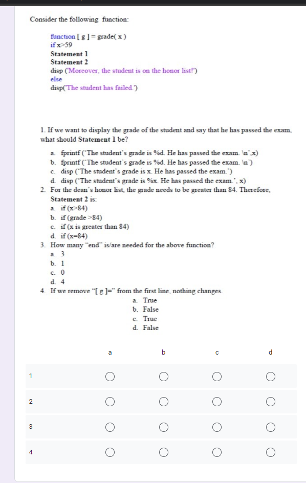 Solved Consider the following function: function [g] = | Chegg.com