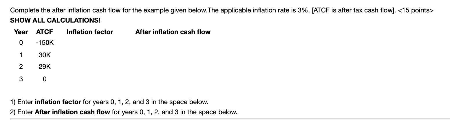 Solved Complete the after inflation cash flow for the | Chegg.com