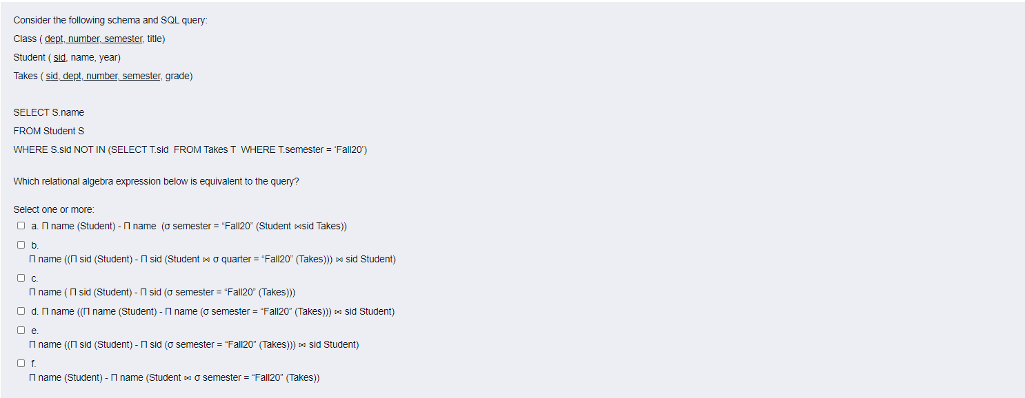 Solved Consider the following schema and SQL query: Class ( | Chegg.com