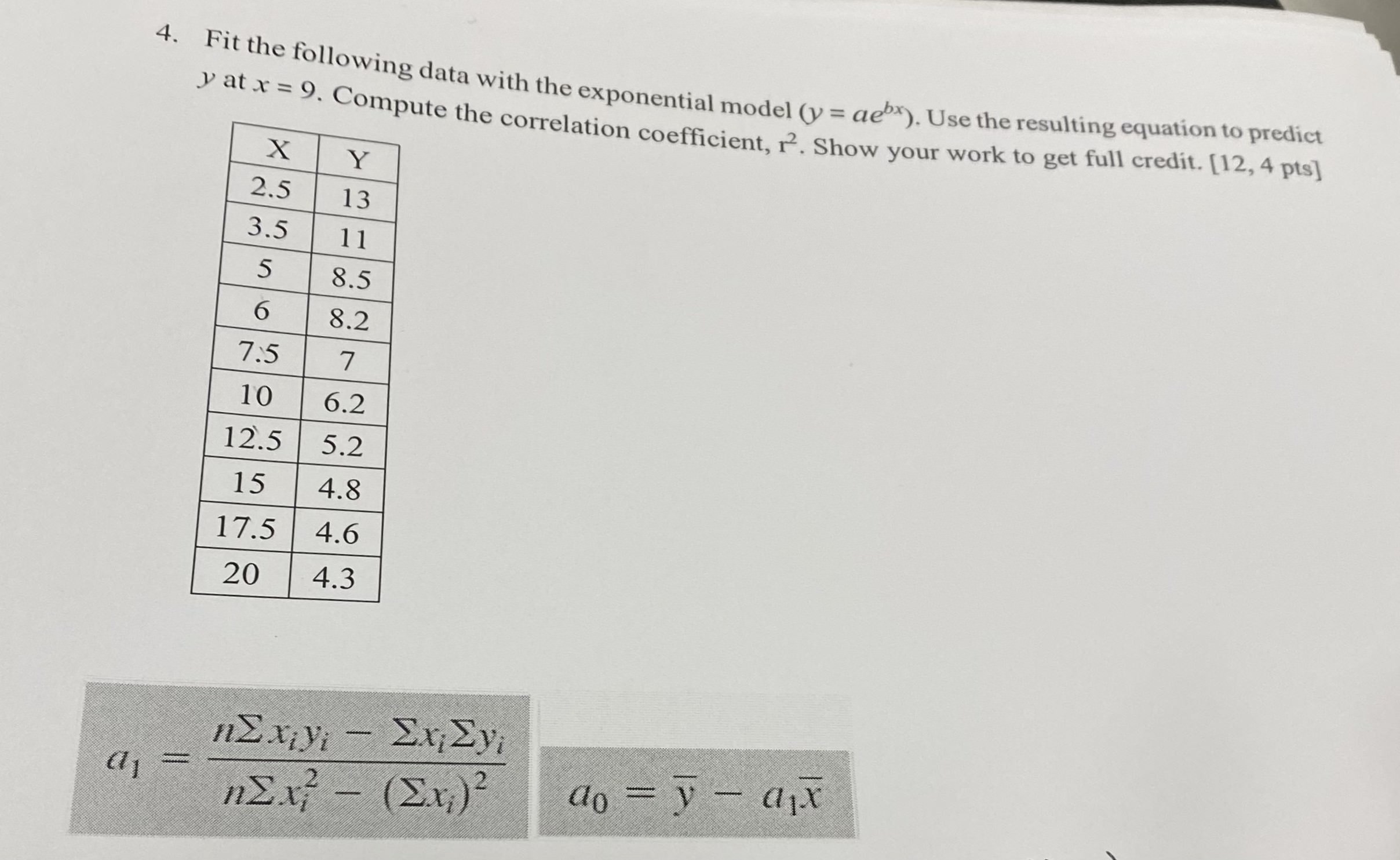 Solved 4. Fit the following data with the exponential model | Chegg.com