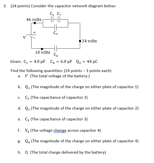 Solved 3. (24 points) Consider the capacitor network diagram | Chegg.com