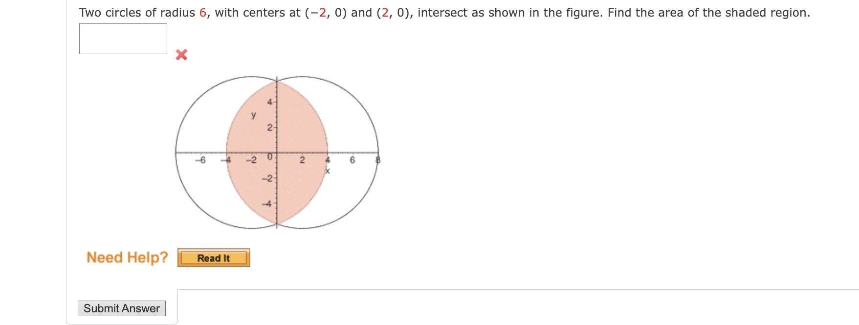 Solved Two circles of radius 6 , with centers at (−2,0) and | Chegg.com