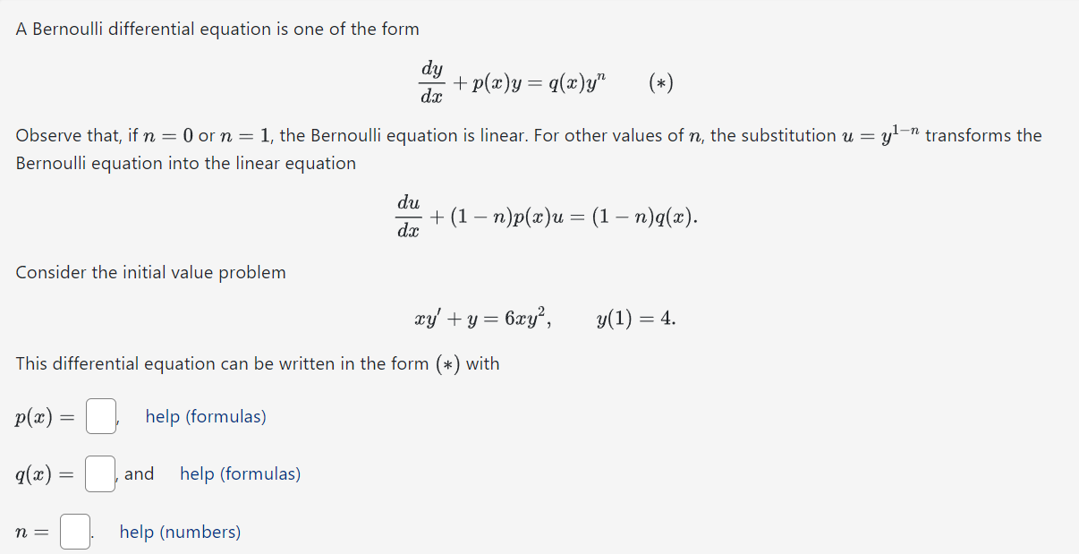 Solved A Bernoulli differential equation is one of the | Chegg.com