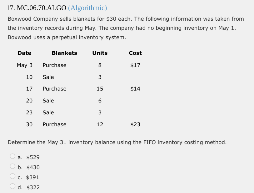 Solved 17. MC.06.70.ALGO (Algorithmic) Boxwood Company sells | Chegg.com