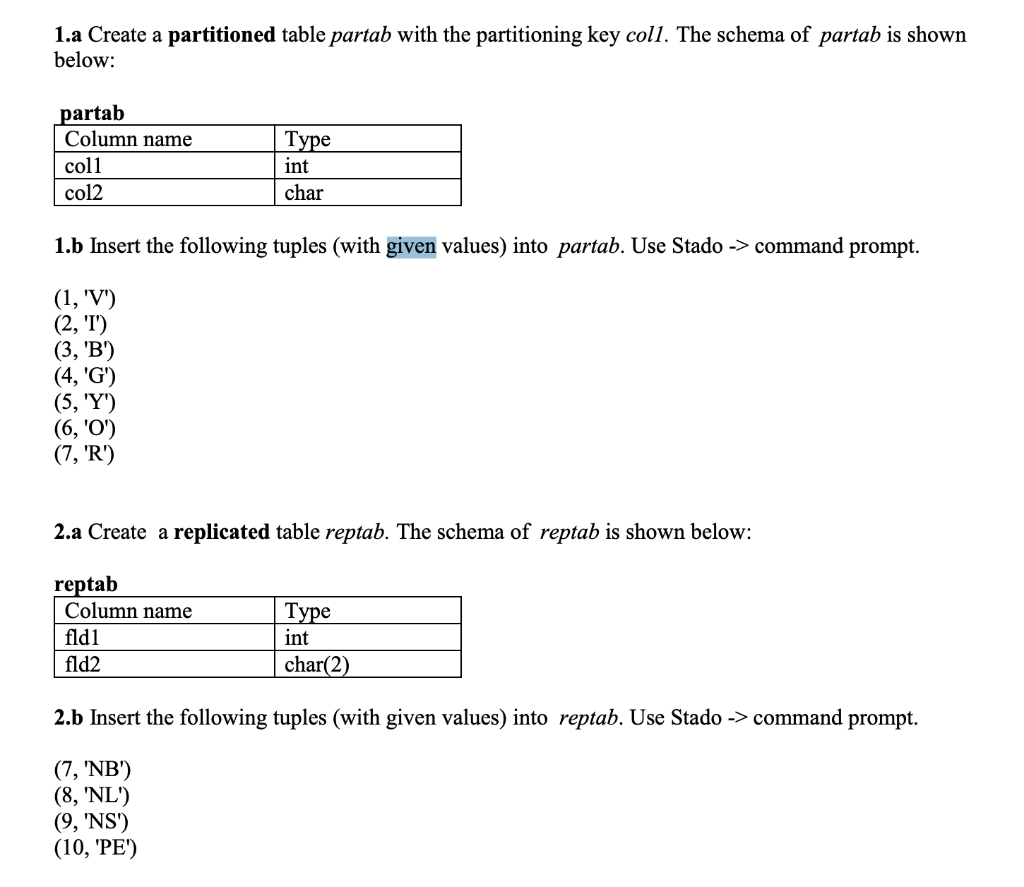 1.a Create a partitioned table partab with the | Chegg.com