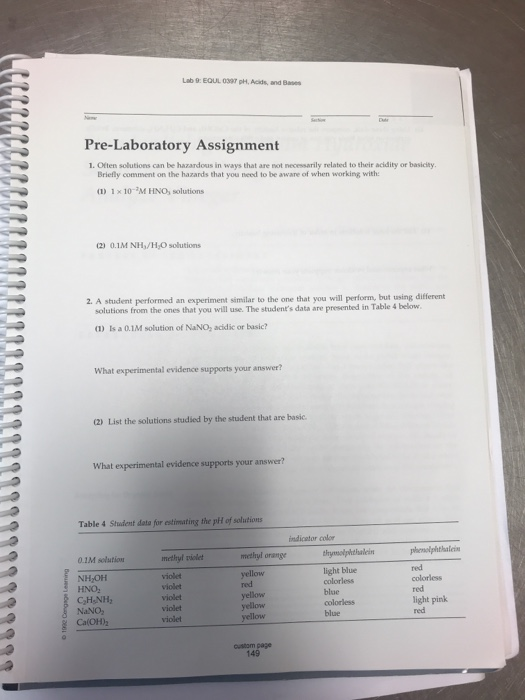 Solved Lab 9: EQUL 039T pH, Acids, and Bases Pre-Laboratory | Chegg.com
